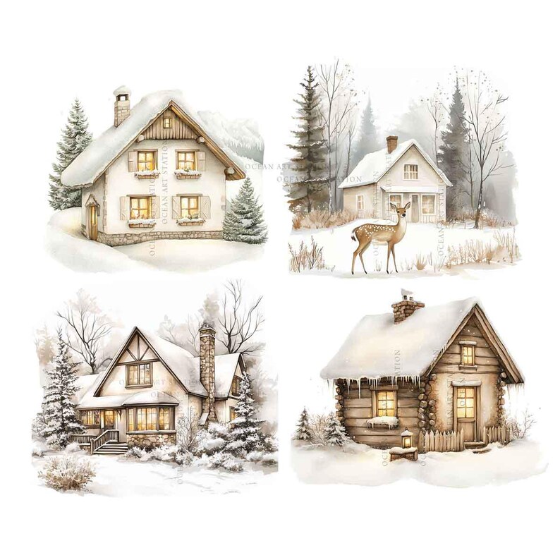 Winter Houses Clipart, Snowy Winter Homes, Cozy Home Clipart, Christmas ...