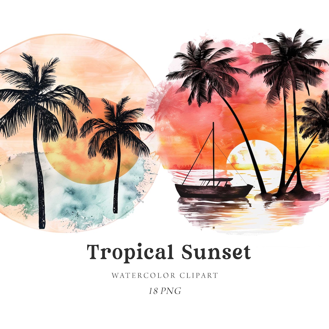 Tropical Sunset Clipart, Tropical Beach Clipart, Exotic Island Beach ...