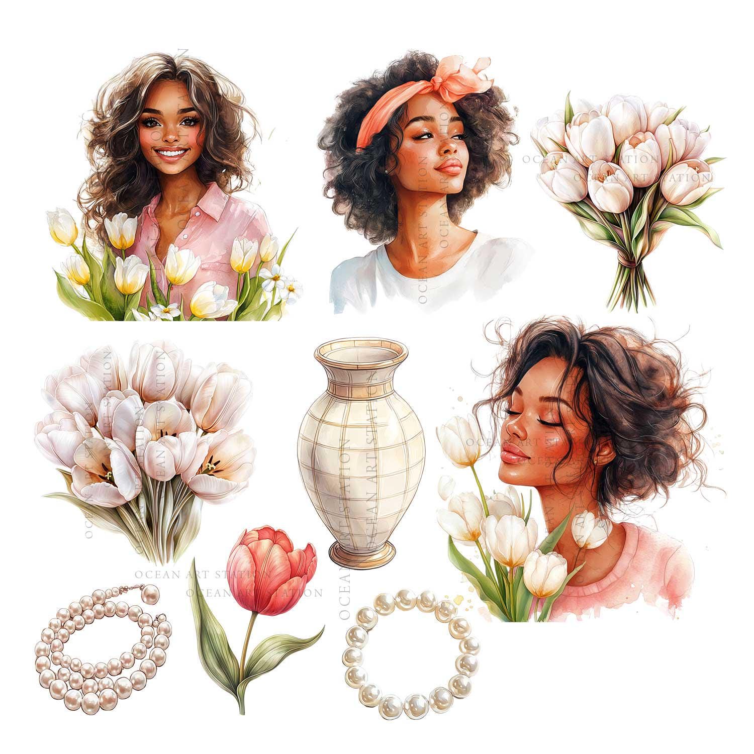 Spring Girl Clipart, Tulips Clipart, Girl With Flowers, Spring Bouquets ...