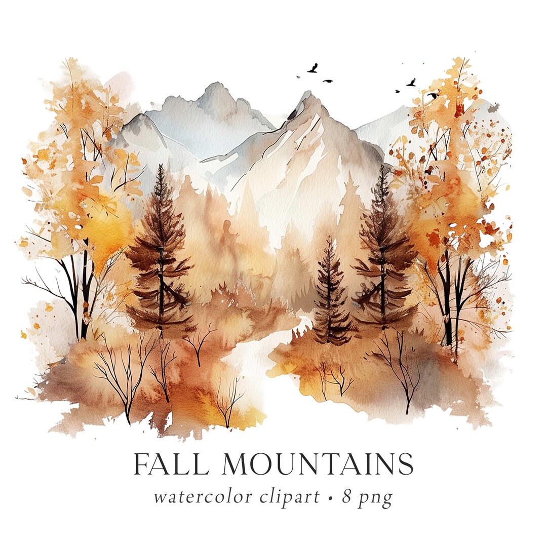 Fall Scenery Clipart, Fall Mountains Clipart Watercolor, Fall Landscape ...