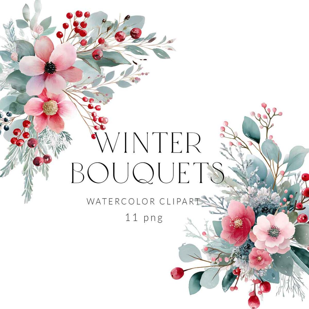 Winter Flowers Clipart, Christmas Floral Bouquets, Elegant Winter ...