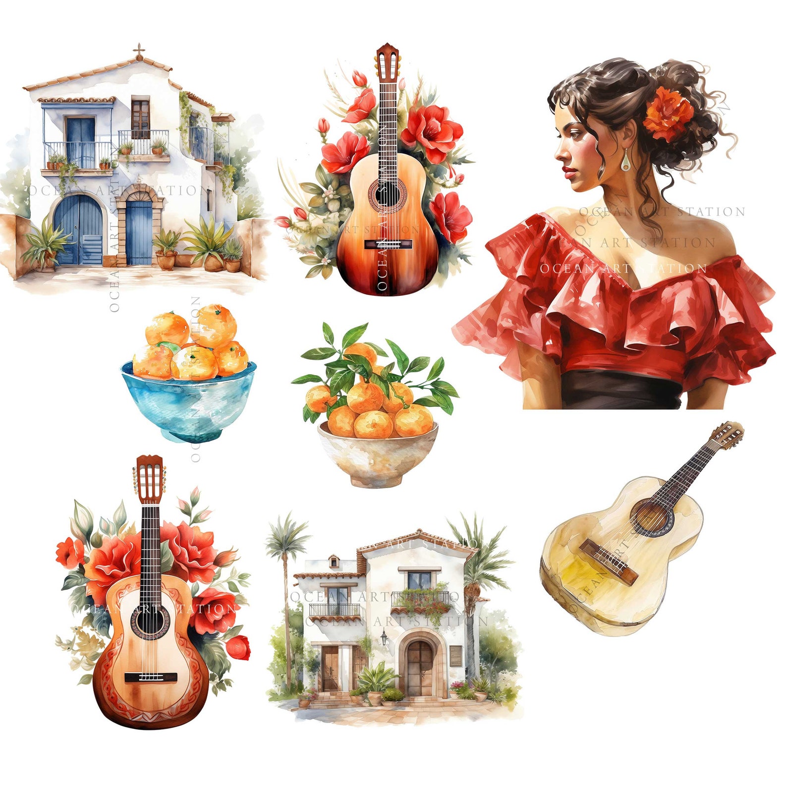 Spain Clipart, Spanish Clipart Set, Spain Watercolor Illustration ...