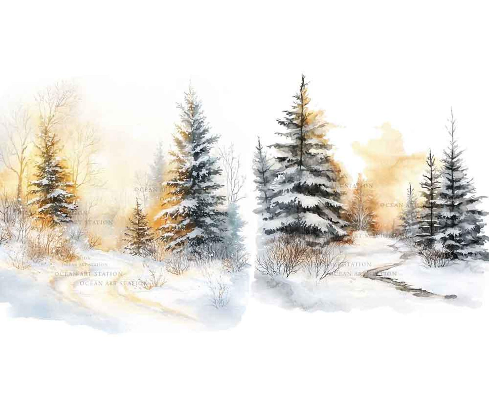Winter Forest Clipart Watercolor, Christmas Landscape Png, Winter ...