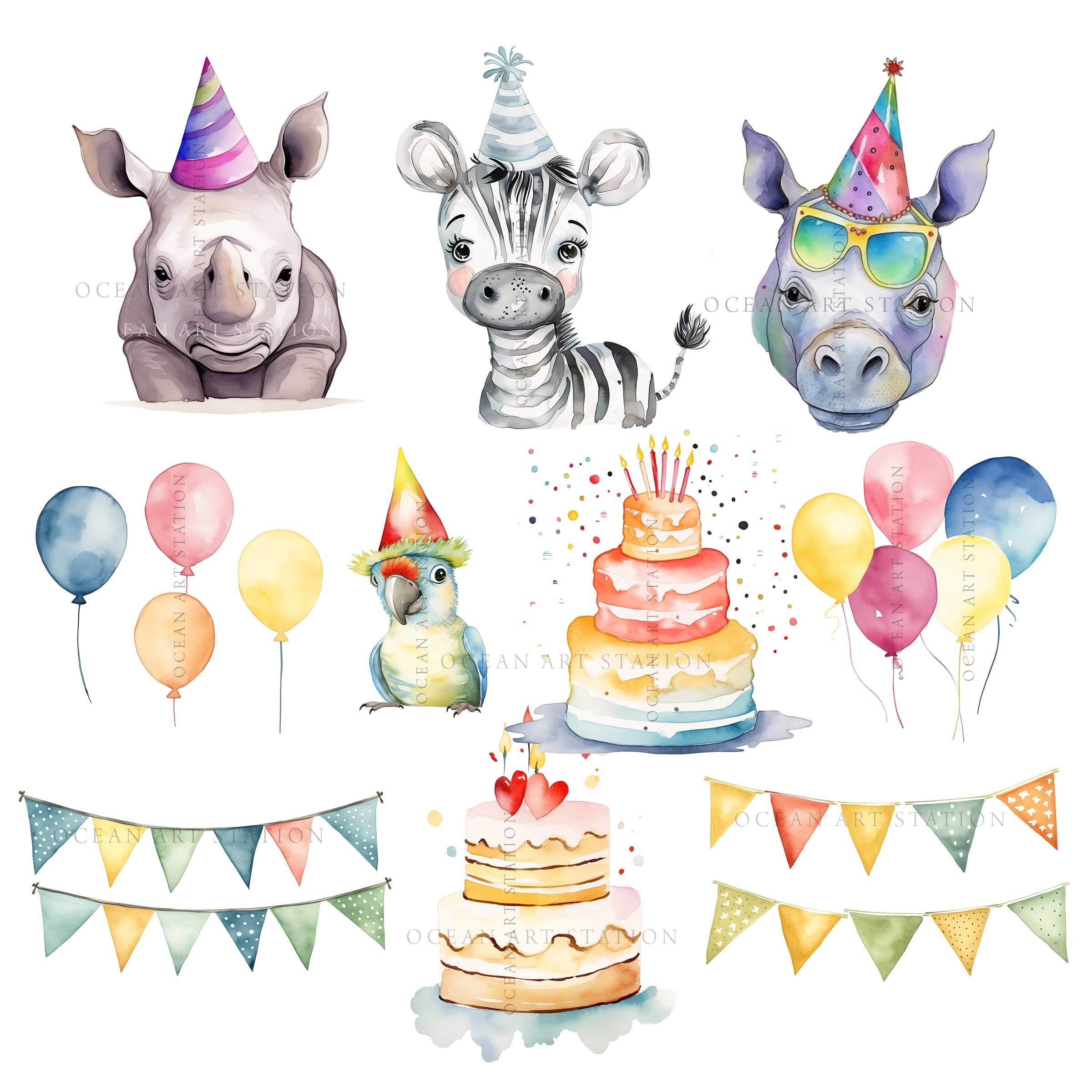 Party Animals Clipart, Safari Animals Clipart, Cute Birthday Animals ...