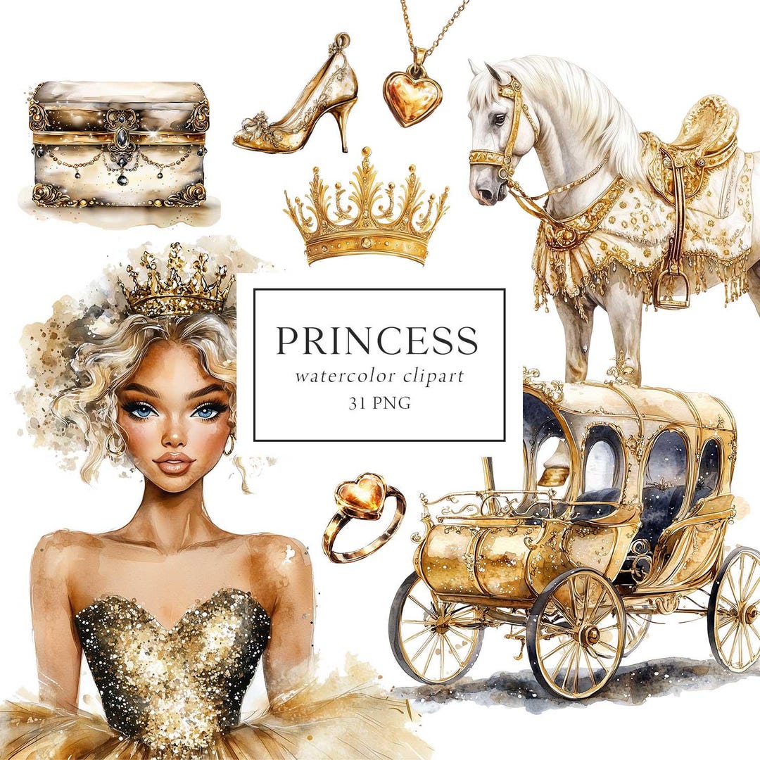 Gold Princess Clipart Watercolor, Queen Royal Clipart, Fairytale ...