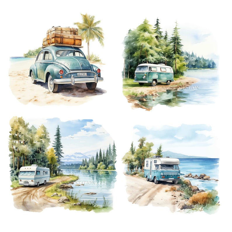 Road Trip Clipart, Travel Clipart Watercolor, Camping Clipart ...