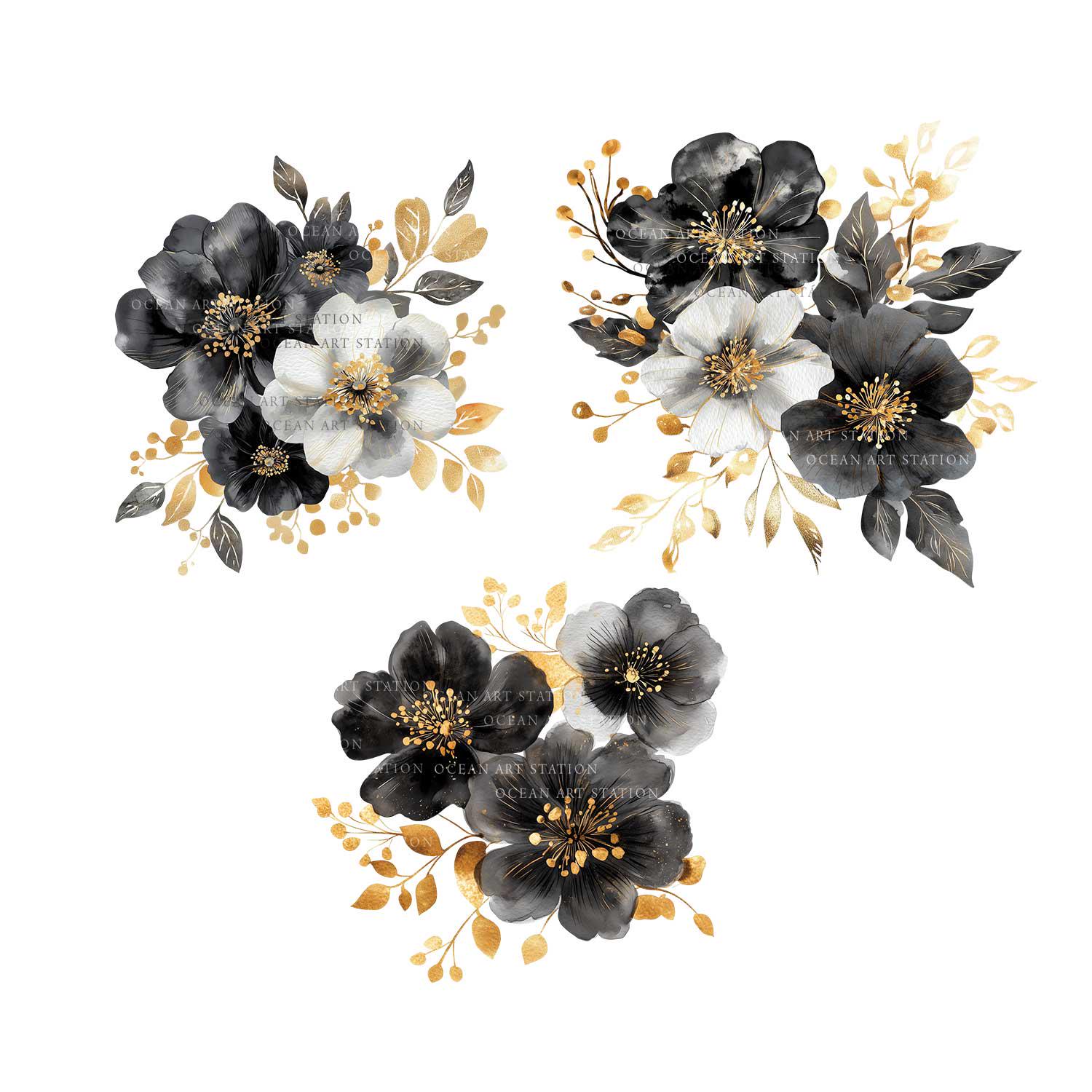 Black and Gold Flowers Clipart, Black Gold Bouquets, Neutral Flowers ...