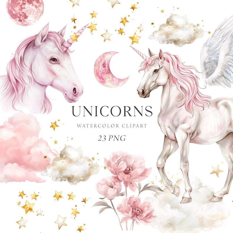 Unicorn Clipart, Pink Unicorns Watercolor, Magical Unicorns, Fairy ...