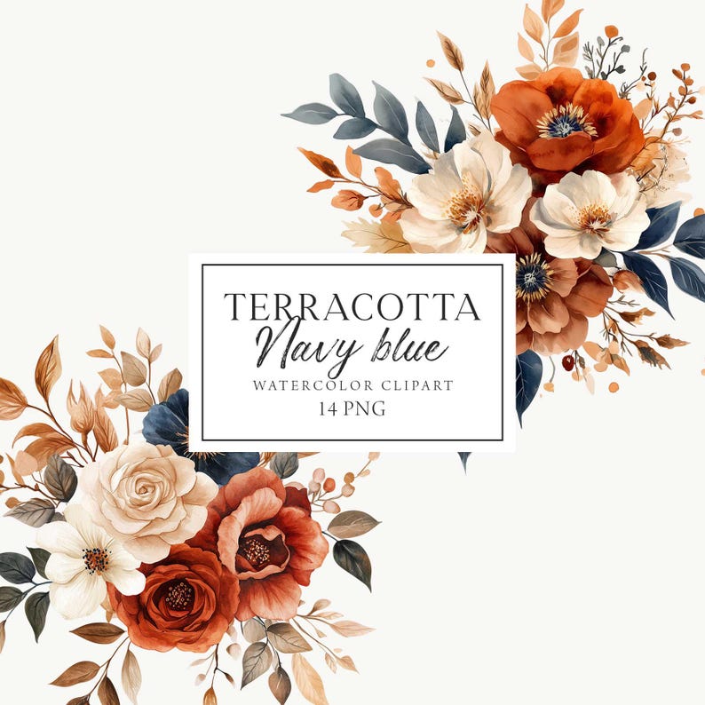 Terracotta Flowers Clipart, Terracotta and Navy Bouquets, Blue Orange ...