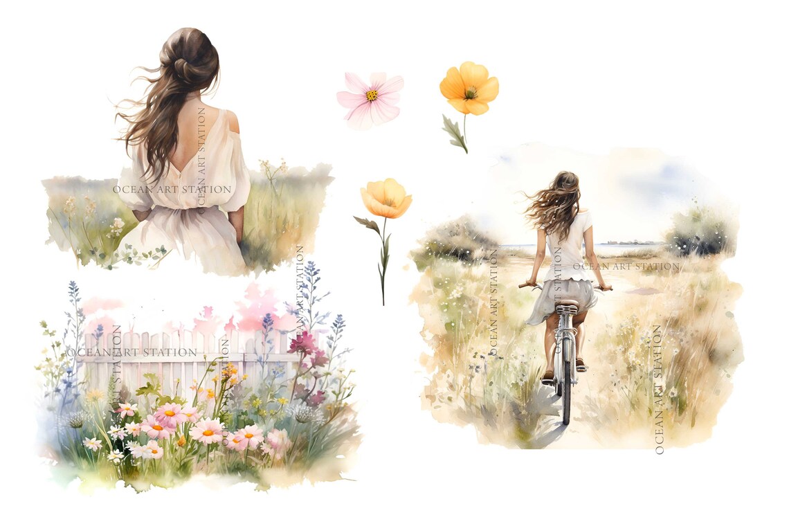 Spring Clipart Watercolor, Picnic Clipart, Spring Scenery, Wildflower ...
