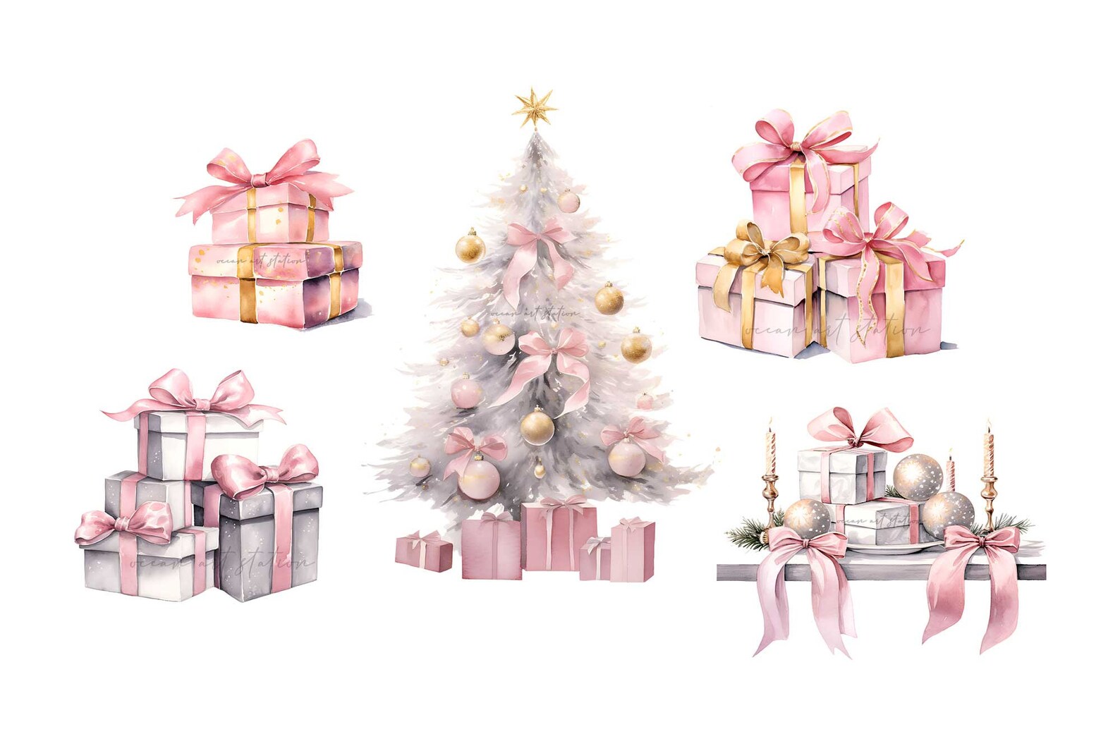 Pink Christmas Clipart Watercolor, Commercial Use, Christmas Clipart ...