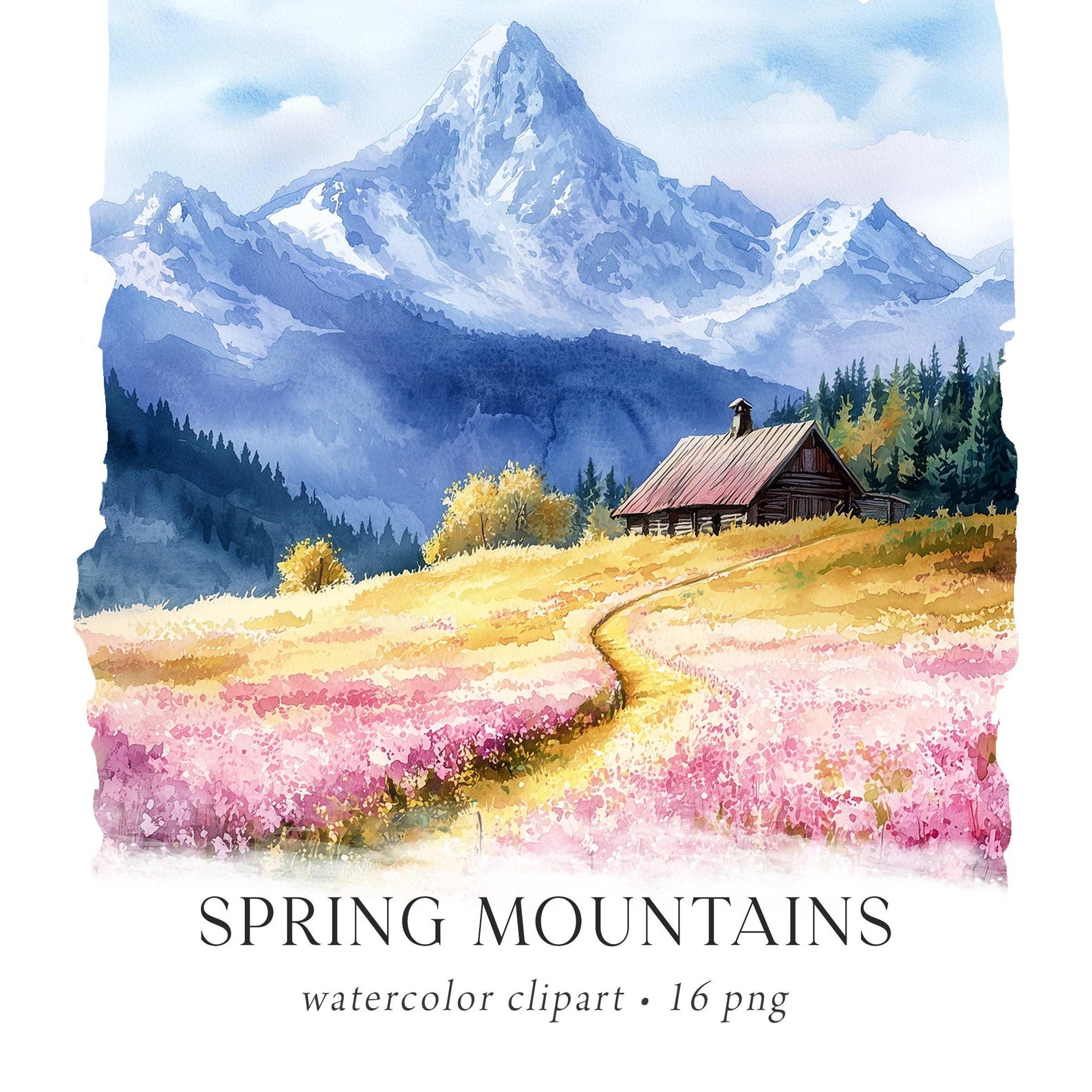 Spring Mountain Clipart Watercolor, Spring Landscape Png, Spring Forest ...