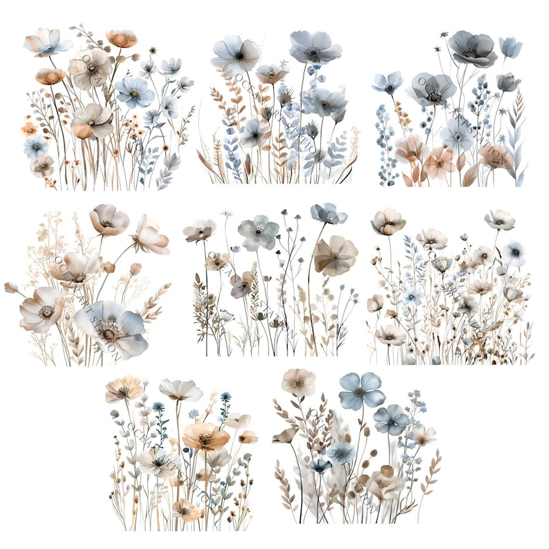 Neutral Wildflowers Clipart, Boho Flowers Clipart, Wildflowers ...