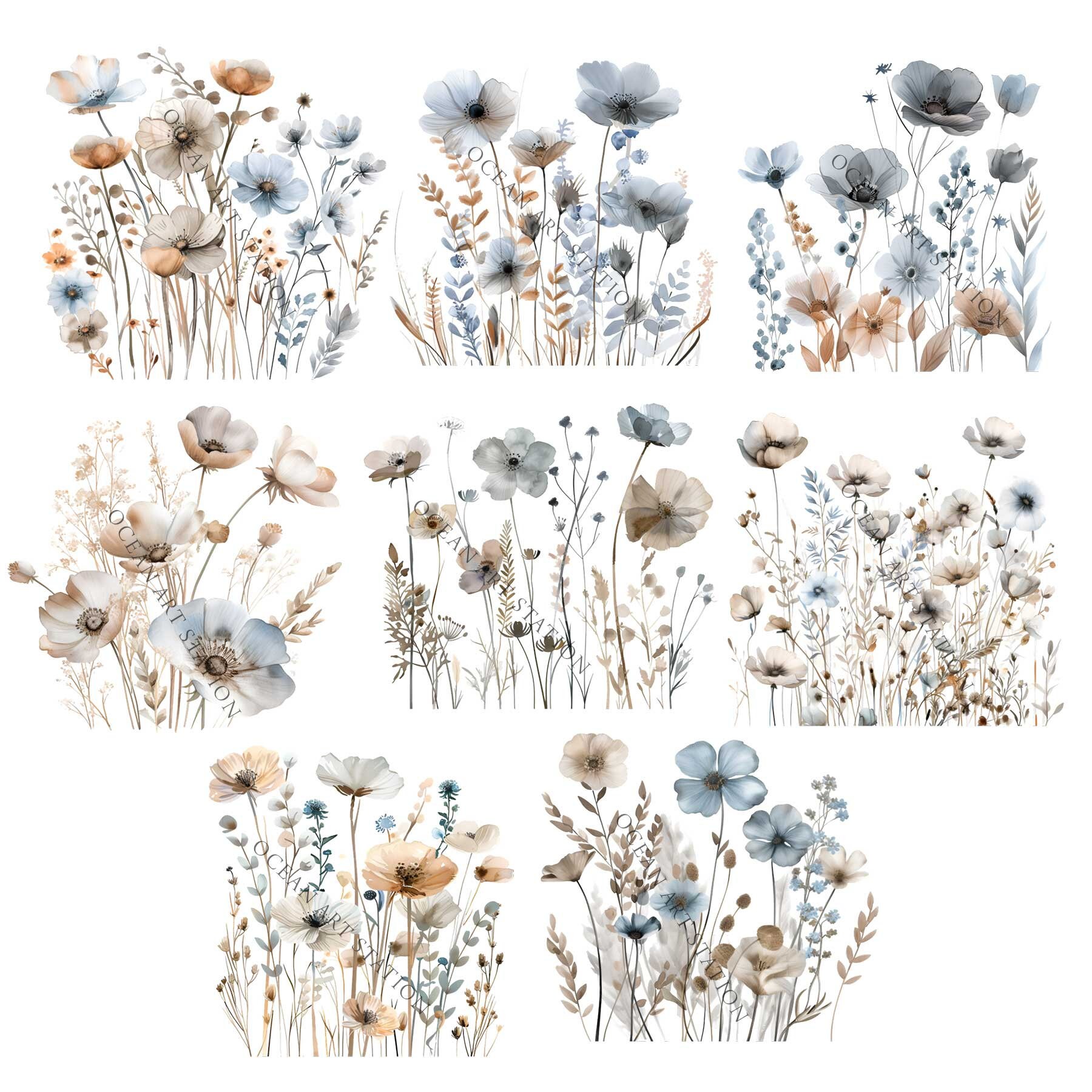 Neutral Wildflowers Clipart, Boho Flowers Clipart, Wildflowers ...