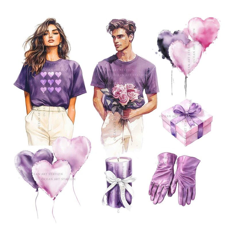 Valentines Clipart, Purple Valentines Day Clipart Watercolor ...