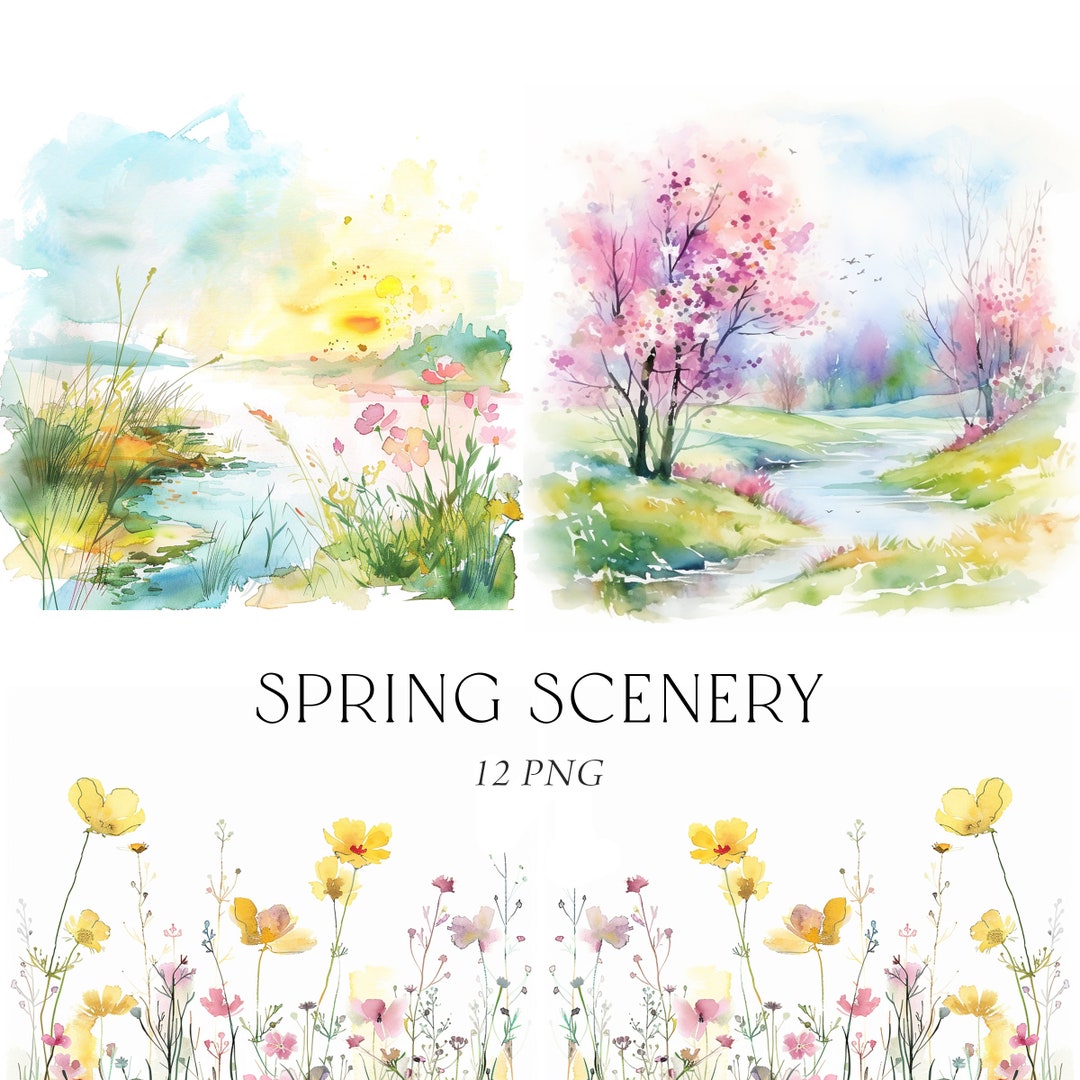 Spring Scenery Clipart, Spring Clipart Watercolor, Spring Meadow ...