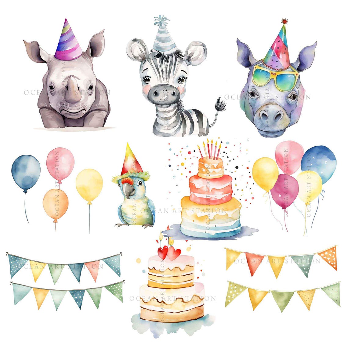 Party Animals Clipart, Safari Animals Clipart, Cute Birthday Animals ...