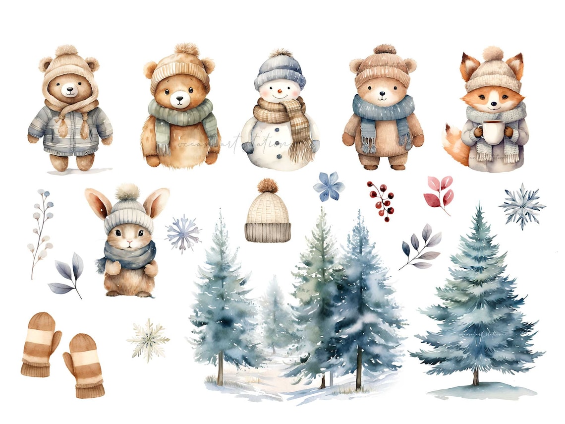 Winter Animals Clipart Watercolor, Woodland Animals Commercial Use ...