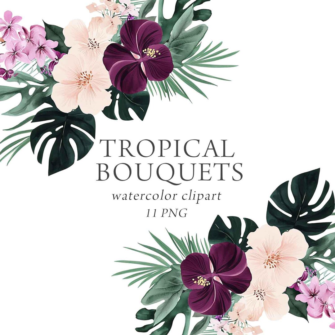 Tropical Flowers Clipart, Tropical Bouquets, Summer Floral Clipart ...