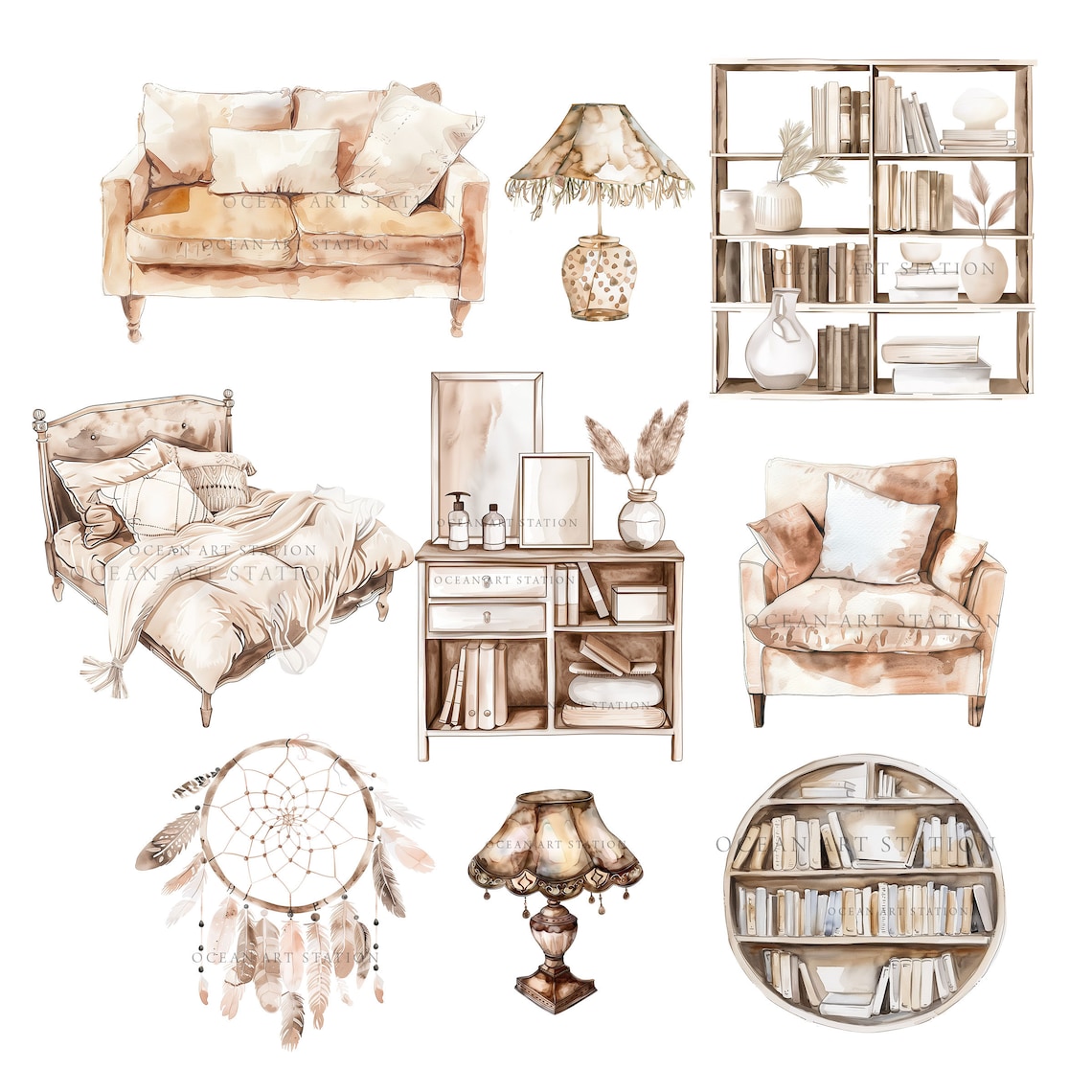 Boho Home Clipart Watercolor, Cozy Home Clipart, Bohemian Home Clipart ...