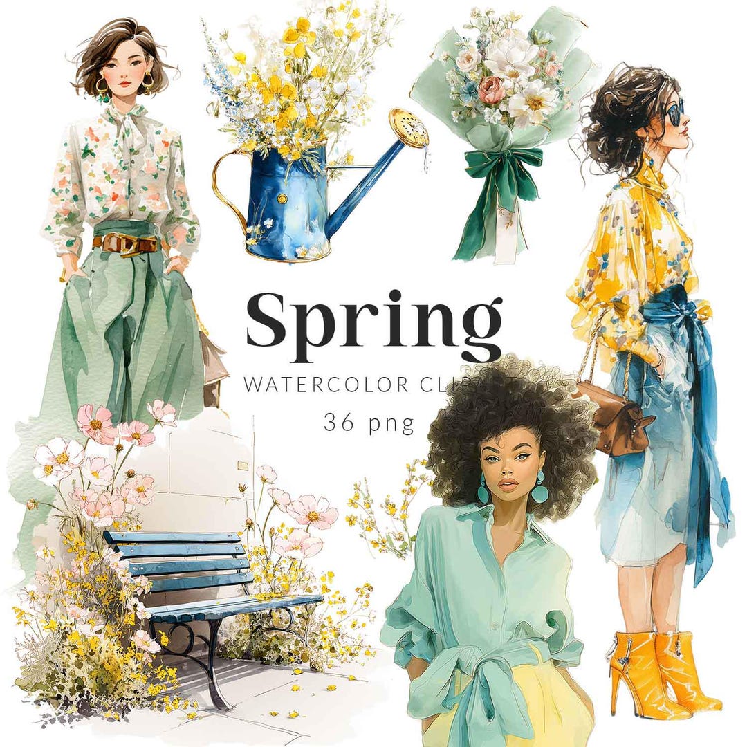 Spring Clipart, Spring Fashion, Botanical Clipart, Spring Girl With ...