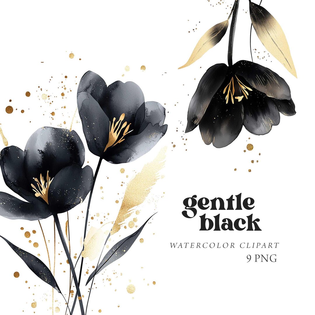 Black Floral Clipart, Black and Gold Flowers Clipart, Black Floral ...