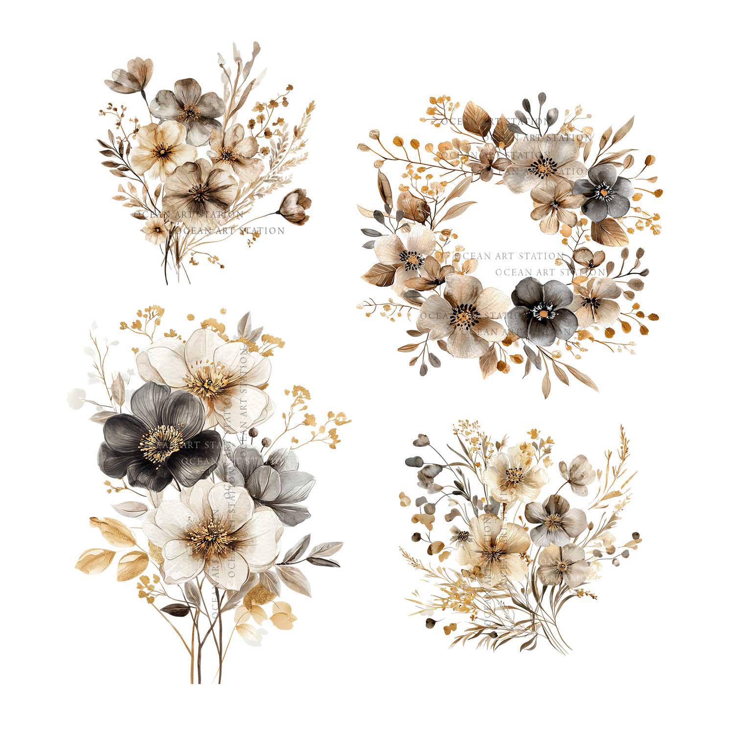 Neutral Floral Clipart, Boho Floral Clipart, Neutral Bouquets Clipart ...
