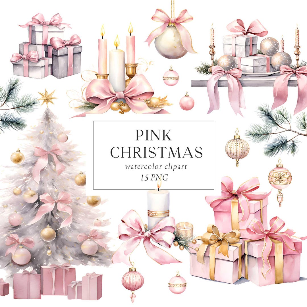 Pink Christmas Clipart Watercolor, Commercial Use, Christmas Clipart ...