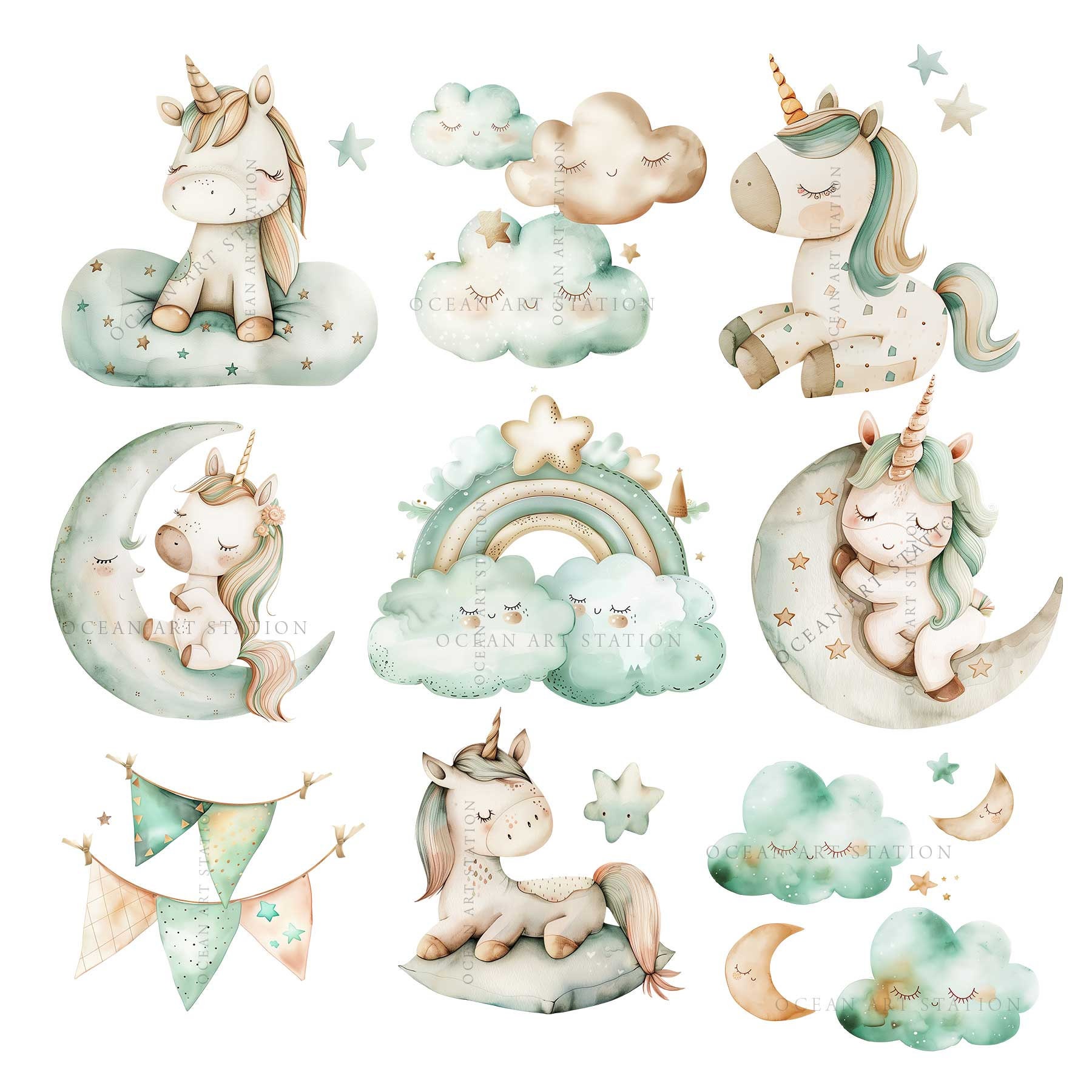 Unicorn Clipart, Pastel Unicorns Watercolor, Boho Neutral Unicorns ...