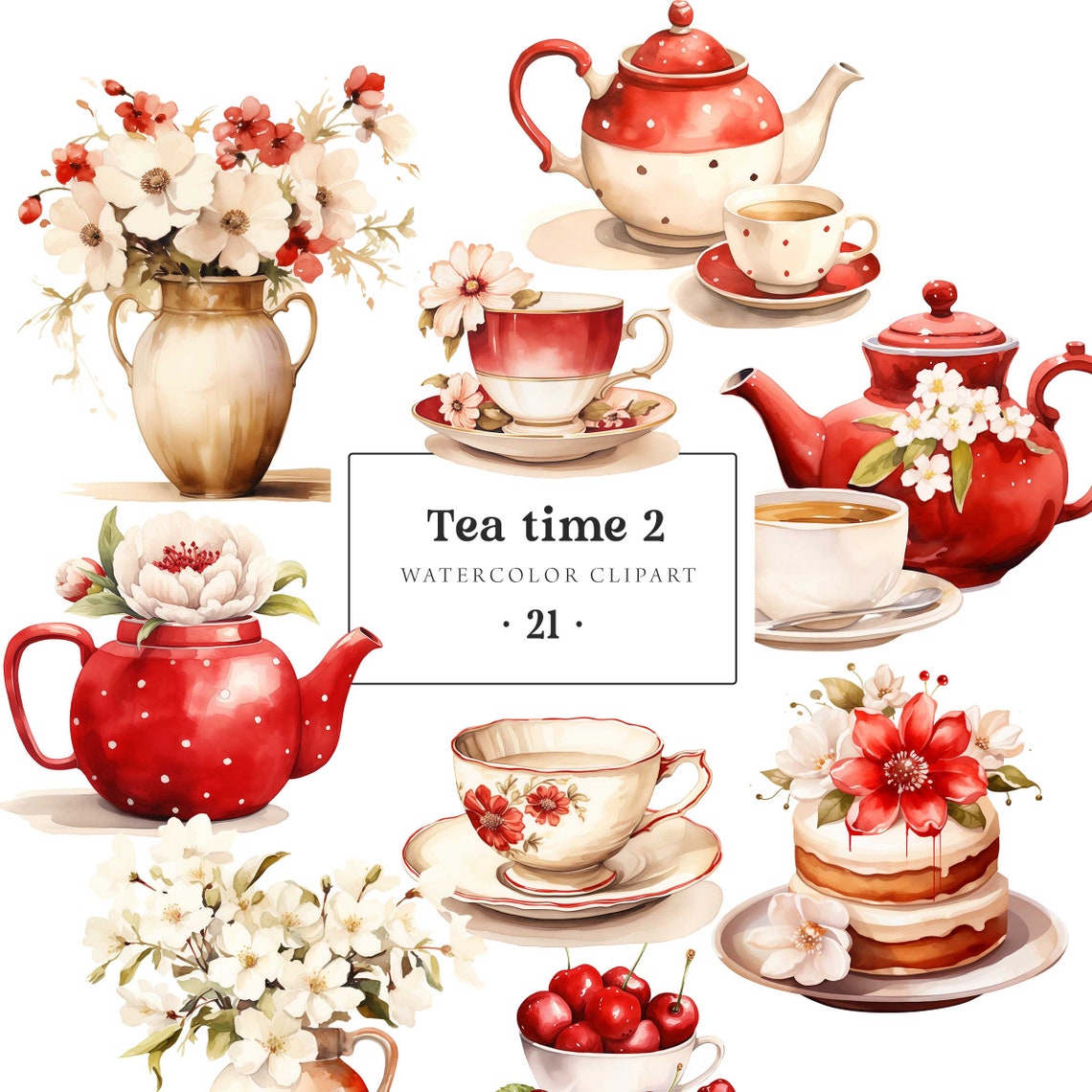 Tea Clipart Watercolor, Floral Tea Time Clipart, Vintage Teacups ...