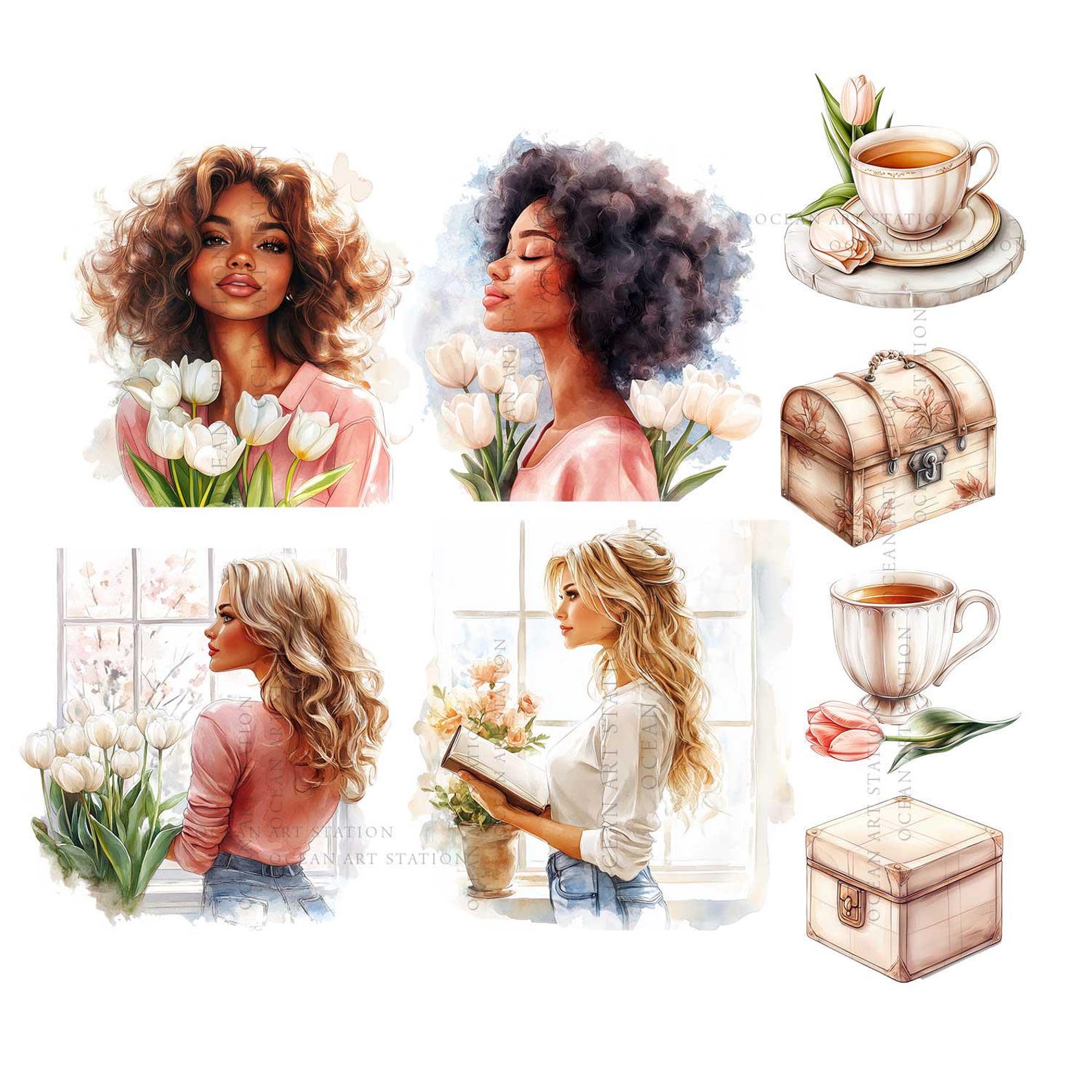 Spring Girl Clipart, Tulips Clipart, Girl With Flowers, Spring Bouquets ...