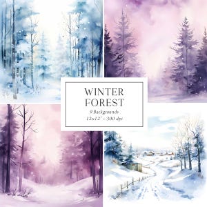 Winter Digital Papers Watercolor, Winter Forest Papers, Commercial Use ...