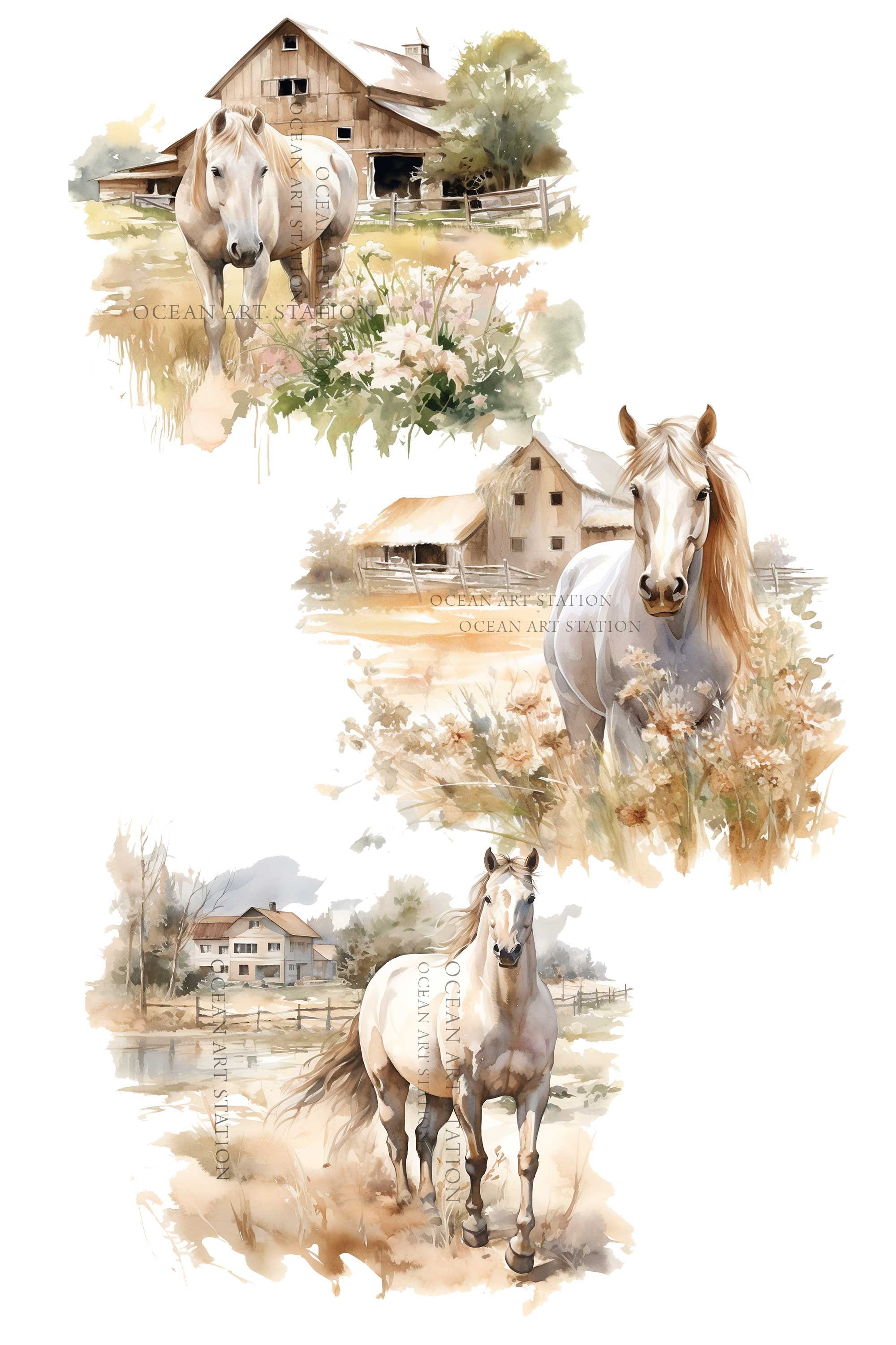 Ranch Clipart Watercolor, Horse Ranch, Country Clipart, Western Clipart ...