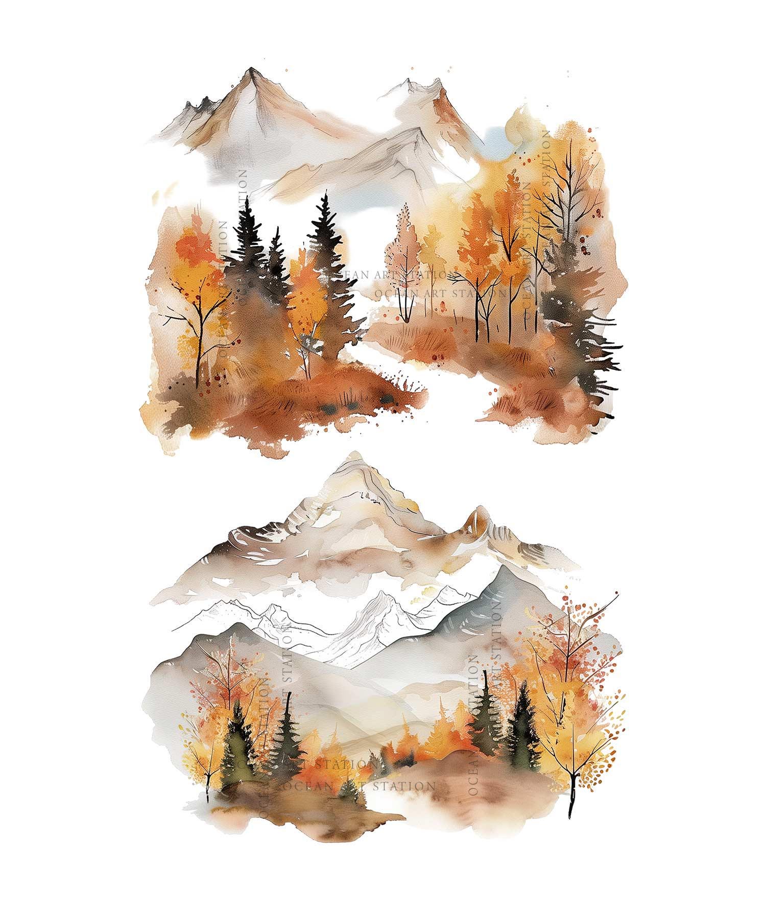 Fall Scenery Clipart, Fall Mountains Clipart Watercolor, Fall Landscape ...