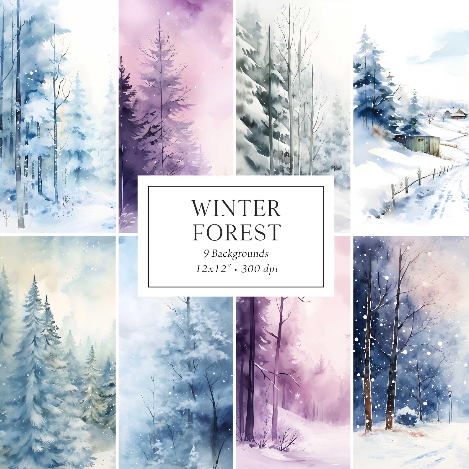 Winter Digital Papers Watercolor, Winter Forest Papers, Commercial Use ...