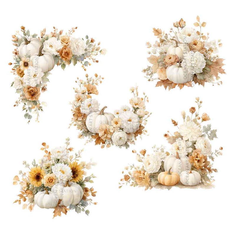 Floral Pumpkins Clipart, Pumpkin Bouquets Watercolor, Neutral Fall ...