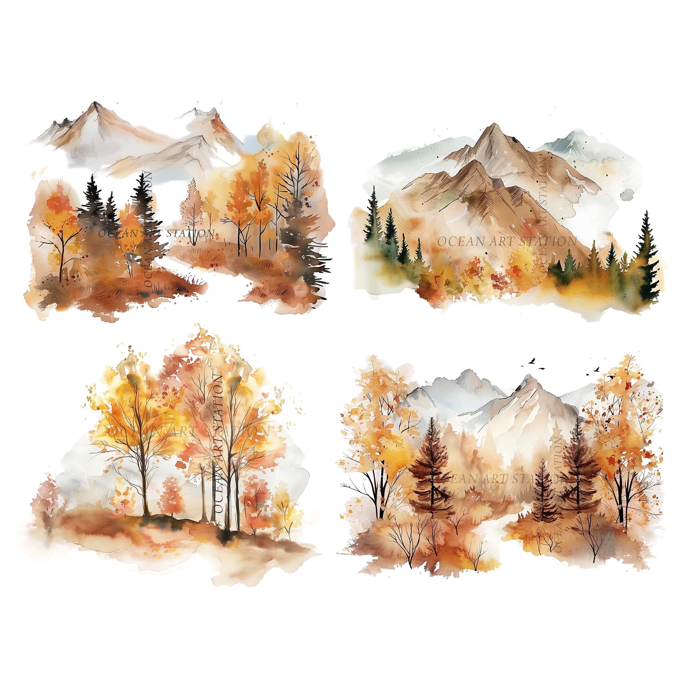 Fall Scenery Clipart, Fall Mountains Clipart Watercolor, Fall Landscape ...