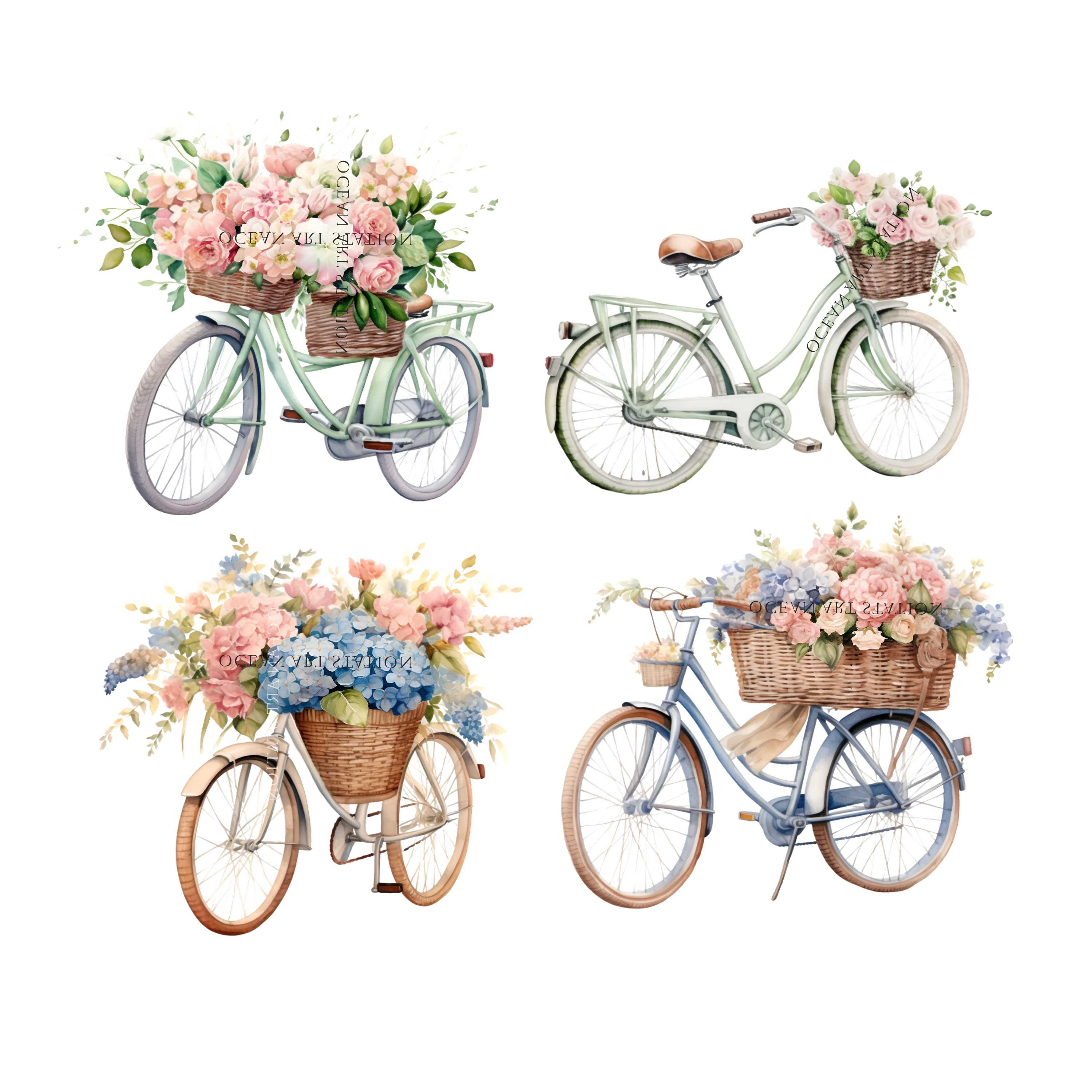 Bike With Flowers Clipart, Bycicle Clipart Watercolor, Bycicle Graphics ...