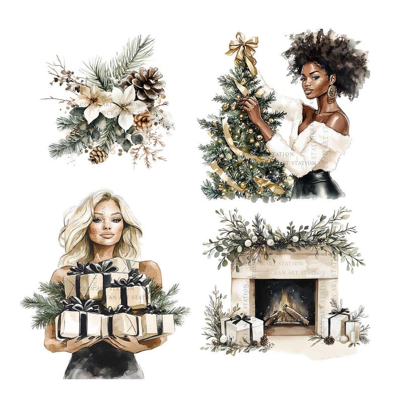 Elegant Christmas Clipart Watercolor, Black and Gold Christmas Clipart ...