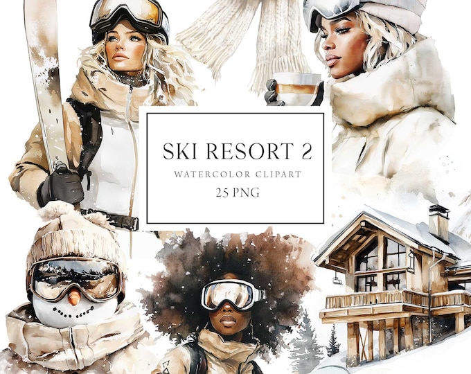 Winter Ski Resort Clipart Watercolour Cozy Chalet Illustration Snow Day ...