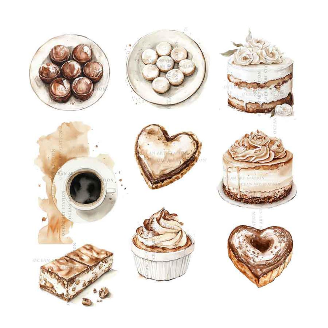 Desserts Clipart Watercolor, Pastry Clipart, Neutral Bakery Clipart ...