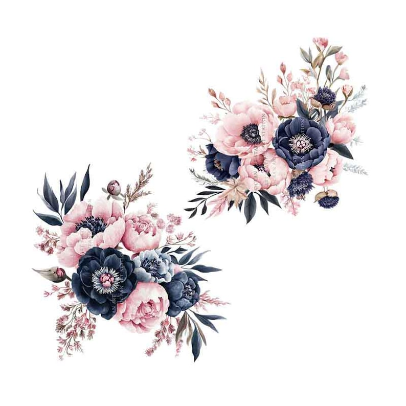 Navy Pink Floral Clipart, Navy Blush Pink Bouquets, Navy Blue and Pink ...
