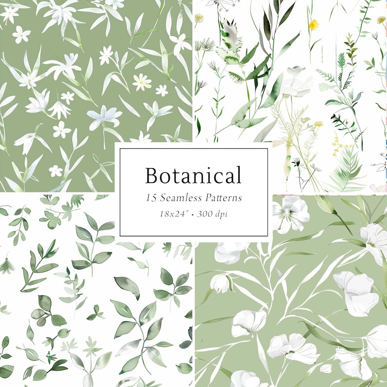 Sage Green Botanical Digital Papers, Wildflower Greenery Seamless ...
