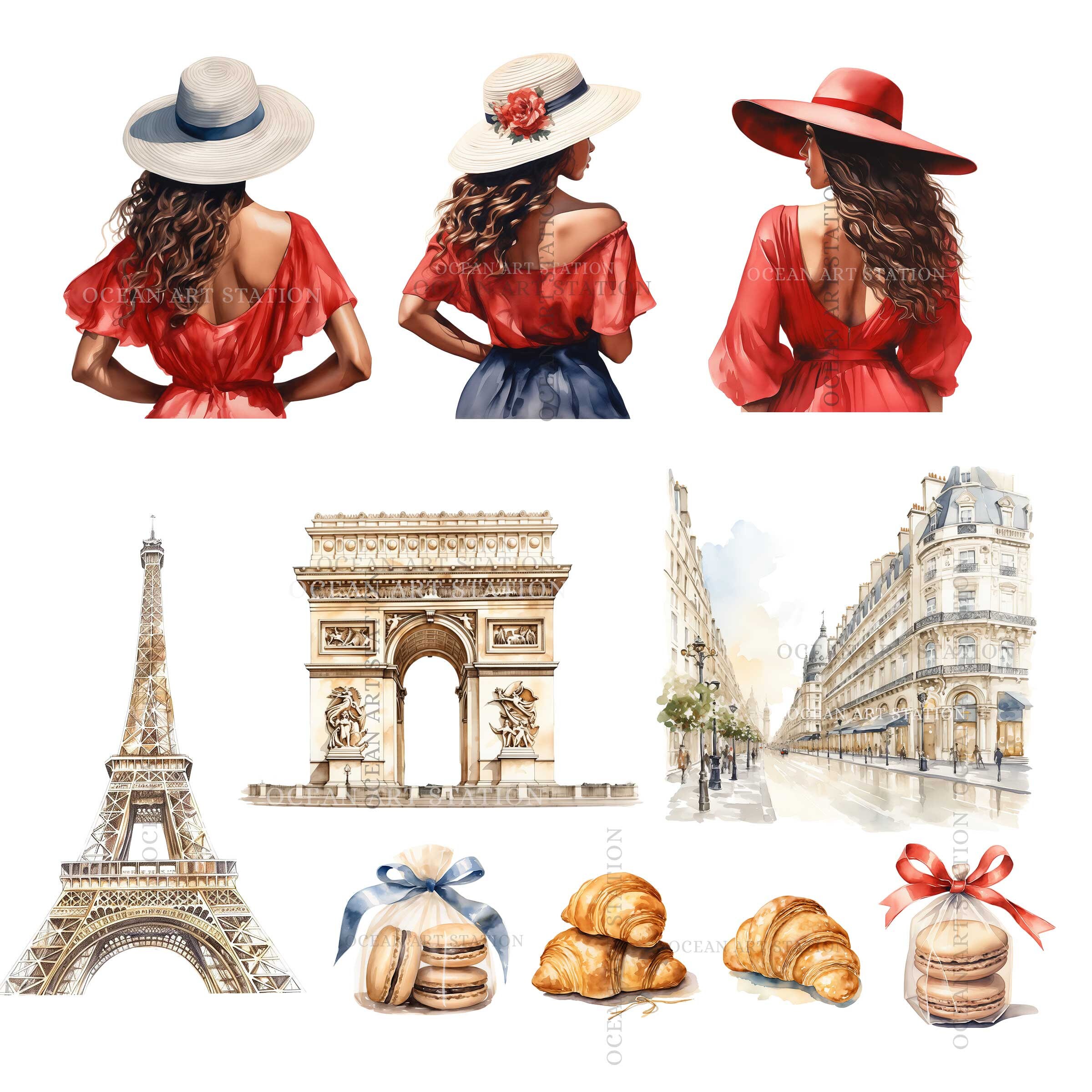 Paris Clipart Watercolor, French Girl Clipart, Eiffel Tower, France ...