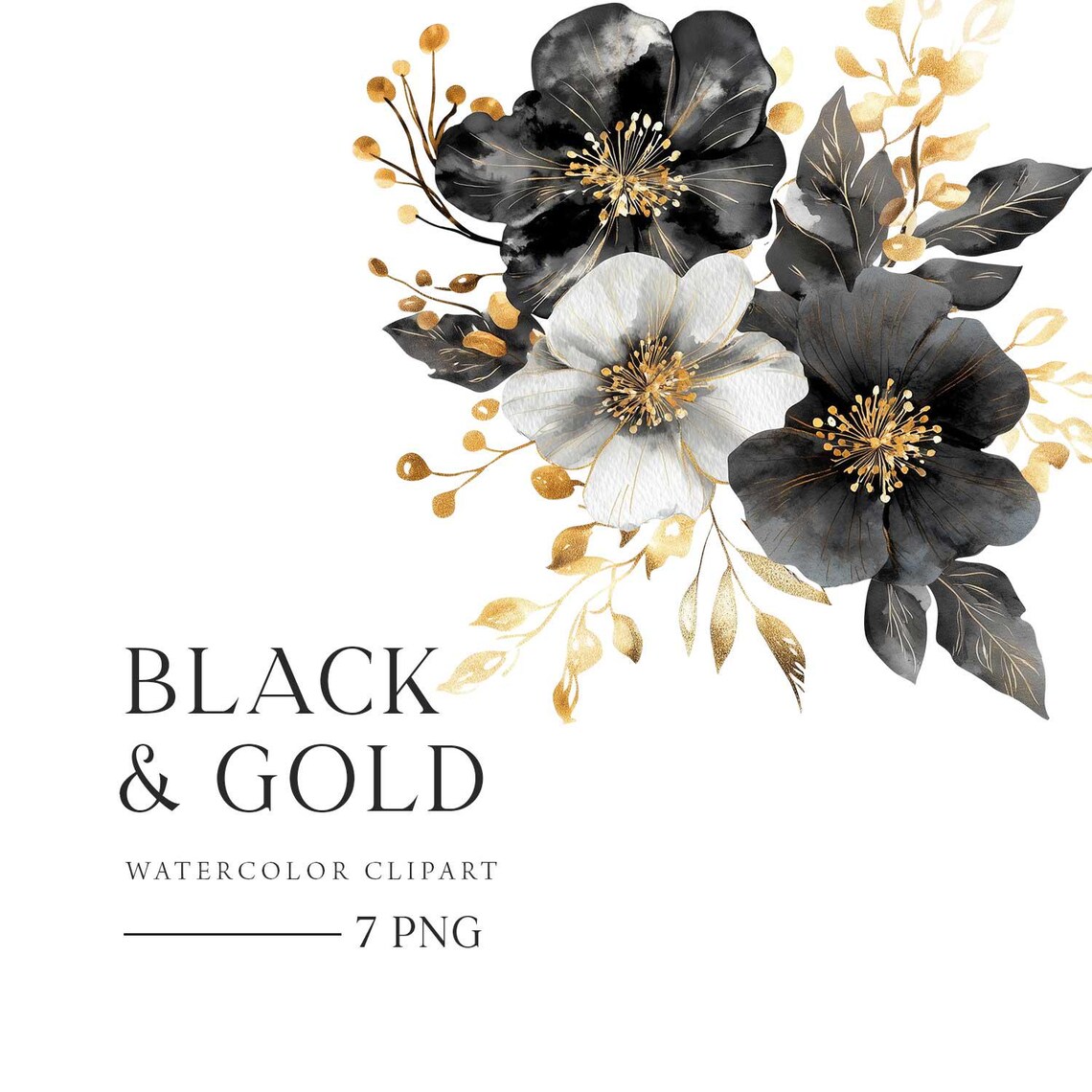Black and Gold Flowers Clipart, Black Gold Bouquets, Neutral Flowers ...