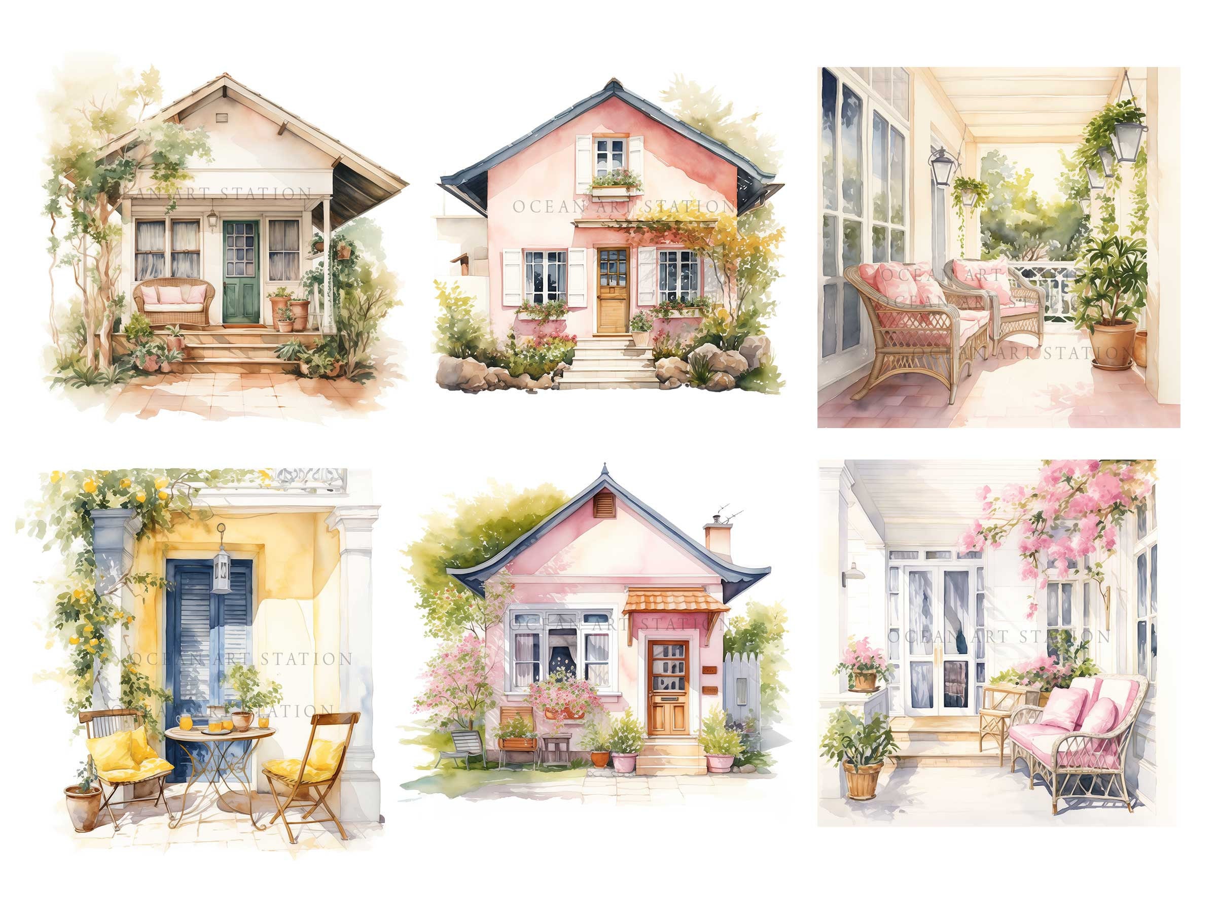 Cozy Home Clipart, Watercolor Houses Clipart, Rustic Houses, Home Decor ...
