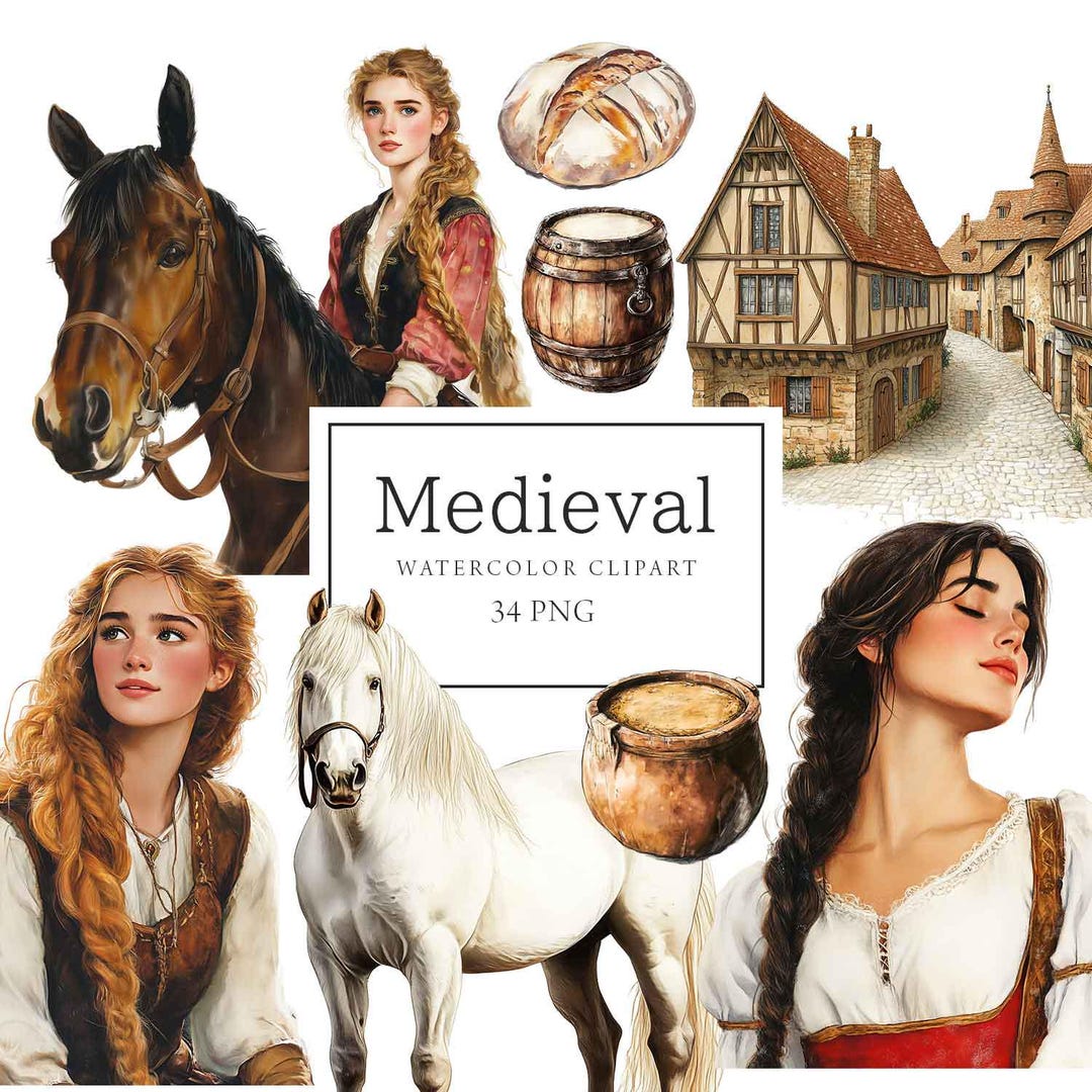 Medieval Clipart Watercolor, Medieval People, Mid Century Clipart ...