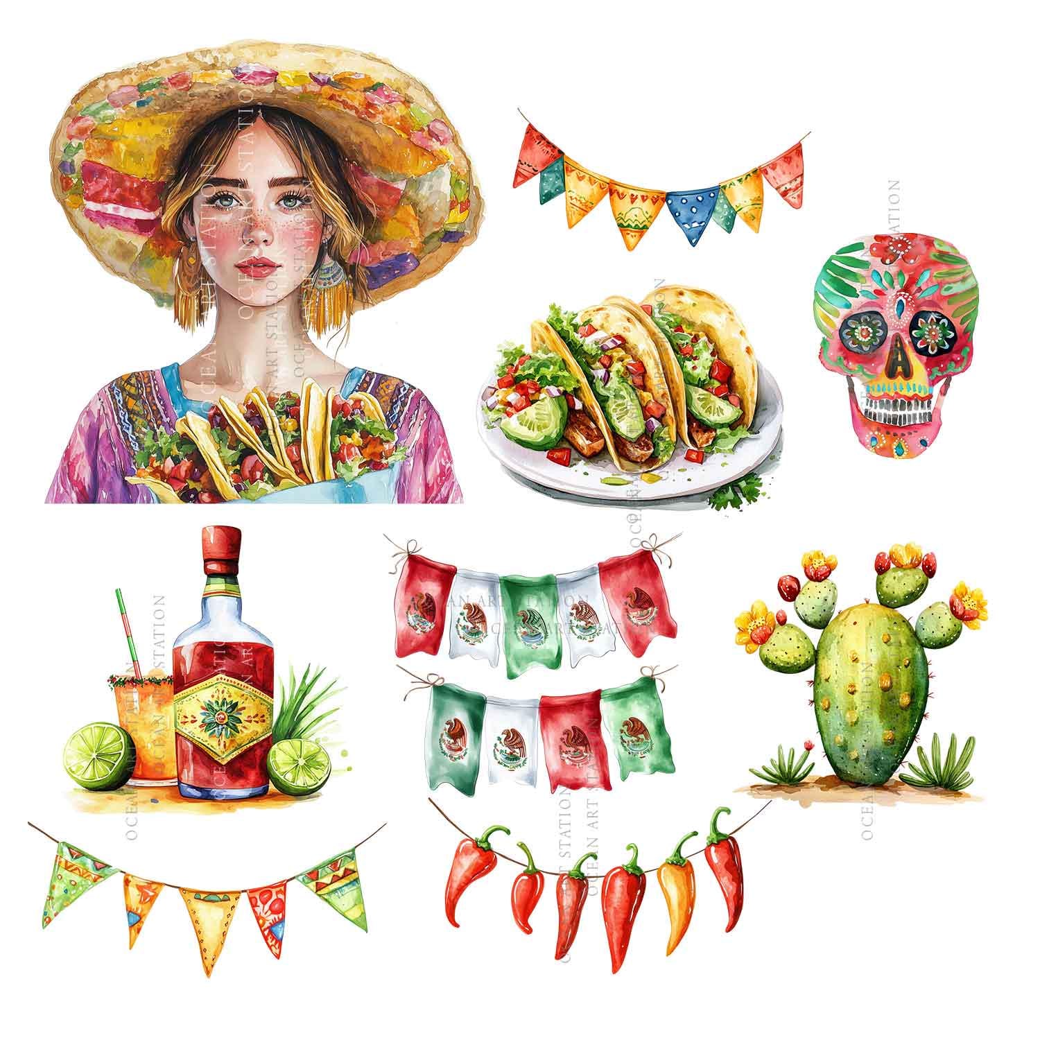Taco Clipart, Taco Party, Mexico Clipart Watercolor, Mexican Fiesta ...