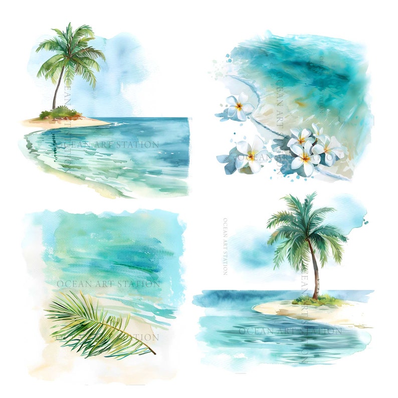 Tropical Beach Clipart, Palm Trees Clipart Watercolor, Palm Beach ...