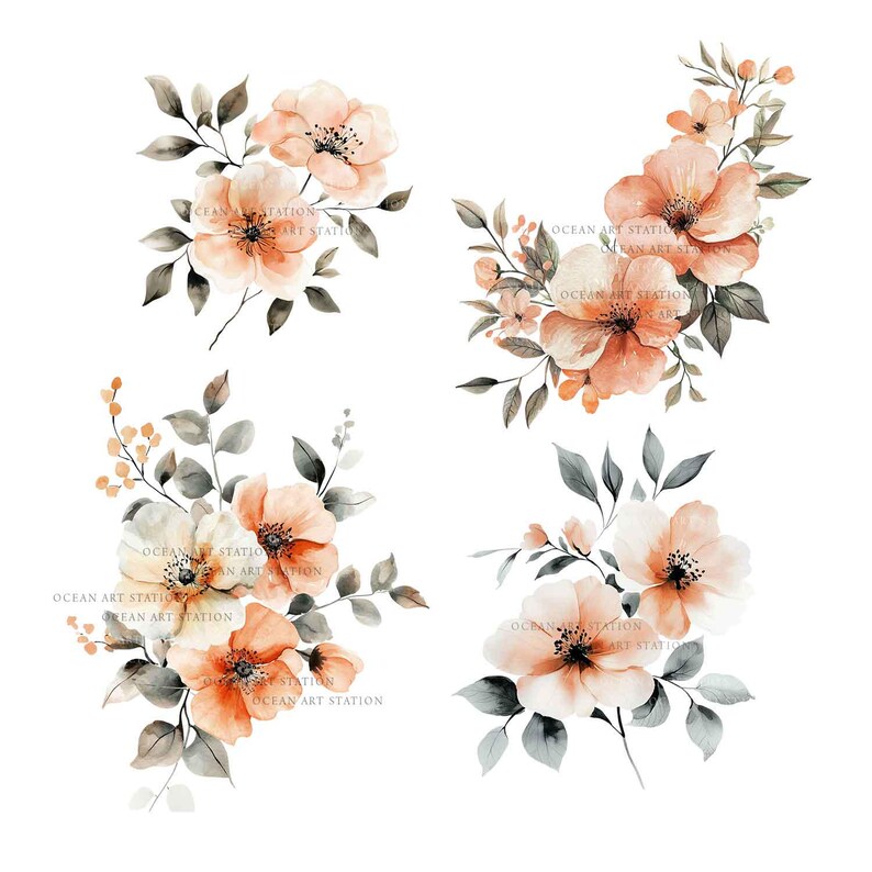 Peach Flowers Clipart, Peach Floral Bouquets, Peach Wedding Invitation ...